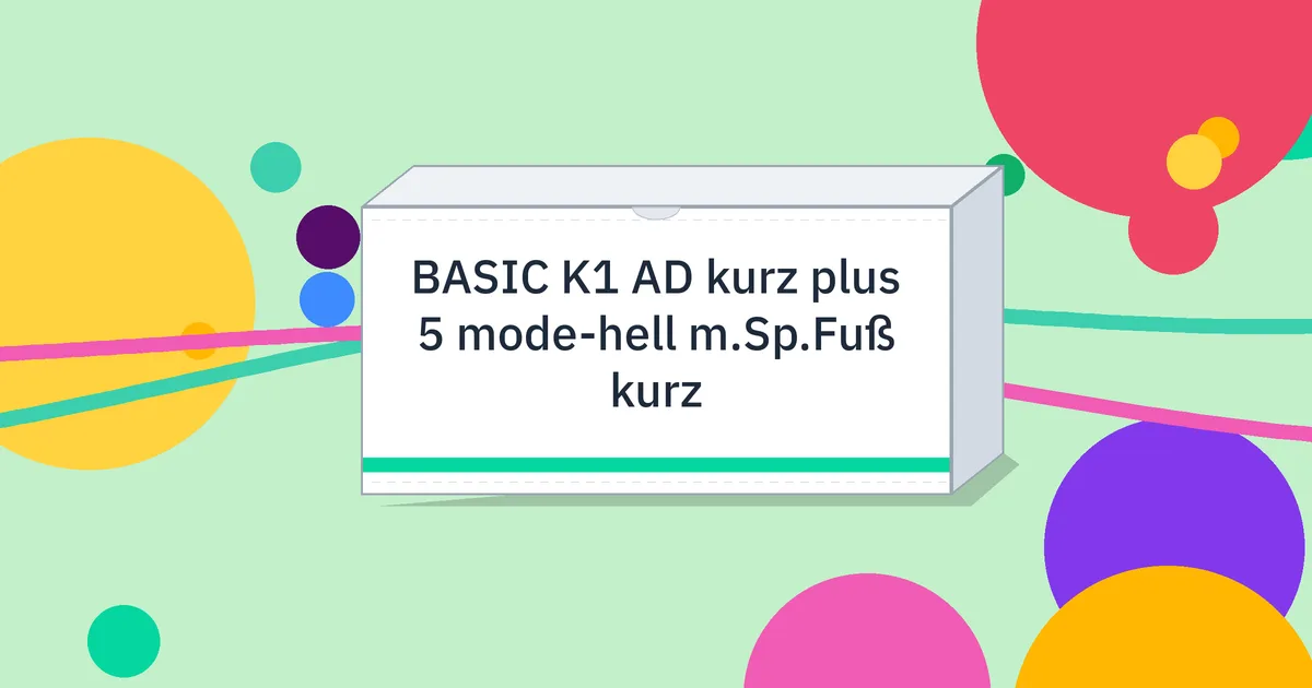 Symbolbild: Packung mit der Aufschrift BASIC K1 AD kurz plus 5 mode-hell m.Sp.Fuß kurz (PZN 20258858) – Verfügbarkeit und Bezug in Apotheken in Frankfurt am Main
