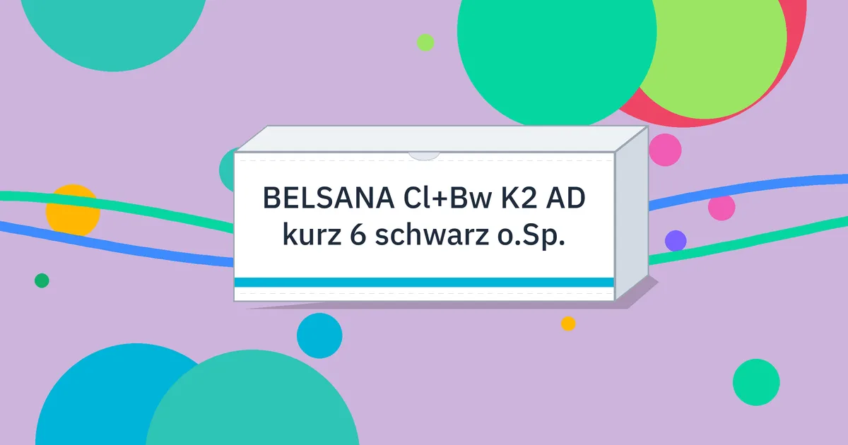 Symbolbild: Packung mit der Aufschrift BELSANA Cl+Bw K2 AD kurz 6 schwarz o.Sp. (PZN 12241950) – Verfügbarkeit und Bezug in Apotheken in Frankfurt am Main
