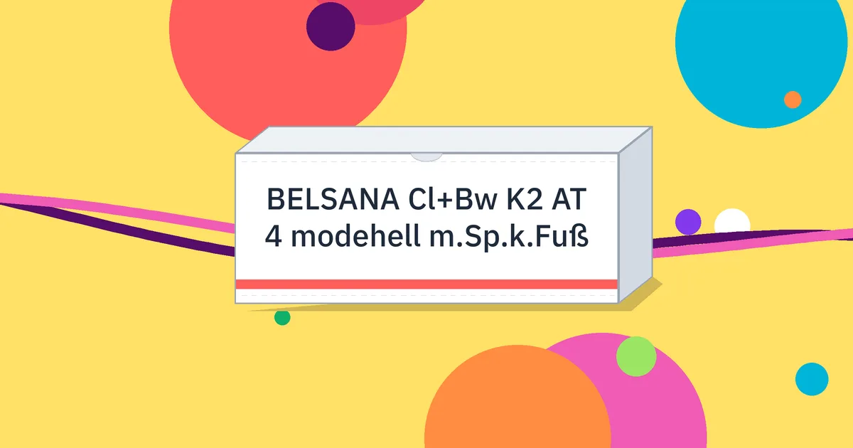 Symbolbild: Packung mit der Aufschrift BELSANA Cl+Bw K2 AT 4 modehell m.Sp.k.Fuß (PZN 12252994) – Verfügbarkeit und Bezug in Apotheken in Frankfurt am Main
