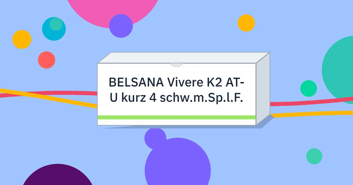 Symbolbild: Packung mit der Aufschrift BELSANA Vivere K2 AT-U kurz 4 schw.m.Sp.l.F. (PZN 08538673) – Verfügbarkeit und Bezug in Apotheken in Frankfurt am Main