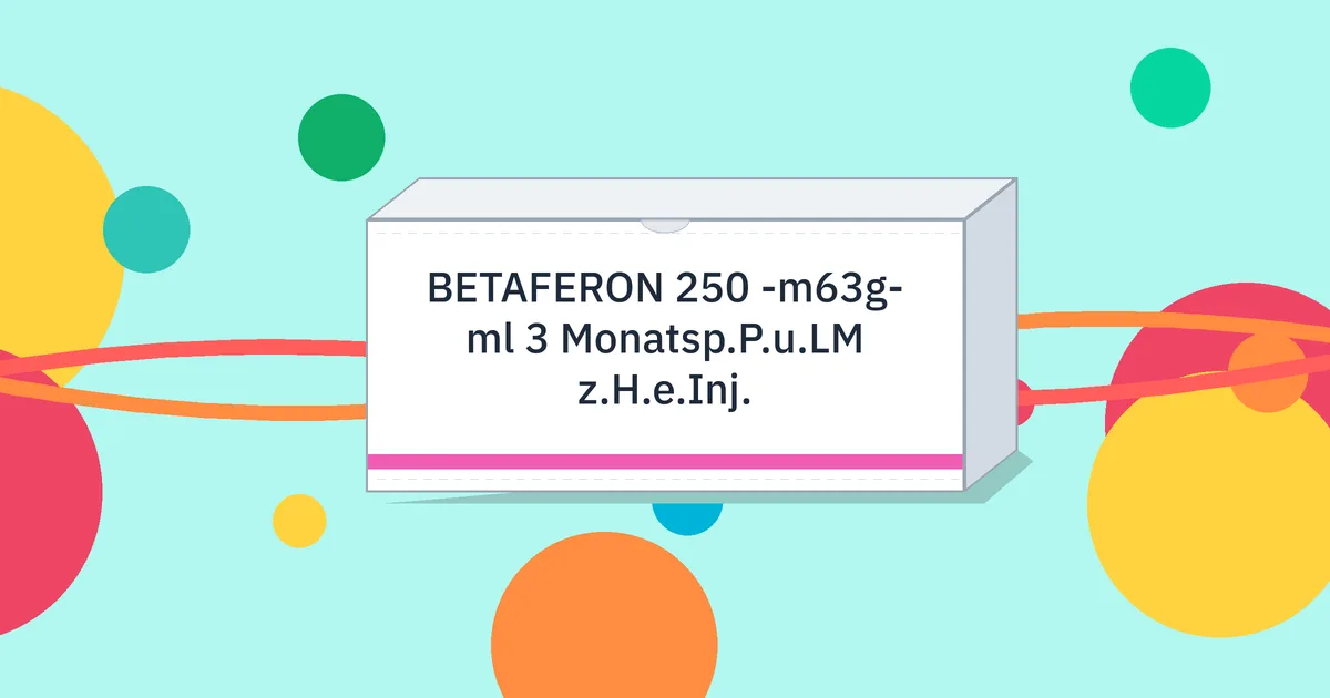 Symbolbild: Packung mit der Aufschrift BETAFERON 250 -m63g-ml 3 Monatsp.P.u.LM z.H.e.Inj. (PZN 15640490) – Verfügbarkeit und Bezug in Apotheken in Frankfurt am Main