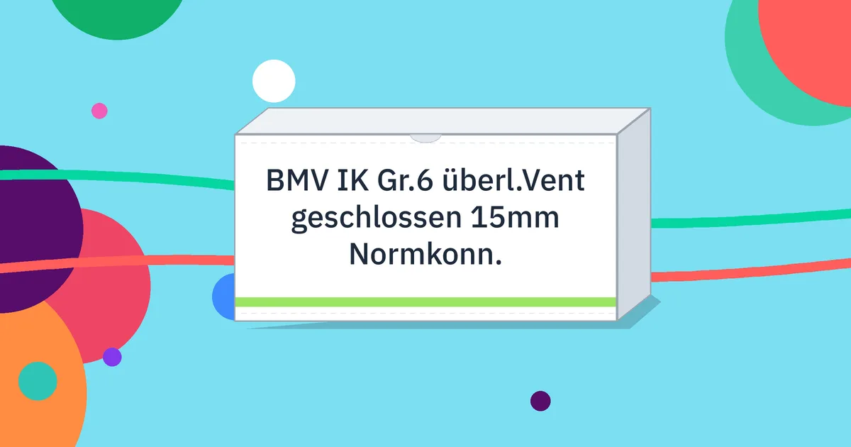 Symbolbild: Packung mit der Aufschrift BMV IK Gr.6 überl.Vent geschlossen 15mm Normkonn. (PZN 18381505) – Verfügbarkeit und Bezug in Apotheken in Frankfurt am Main