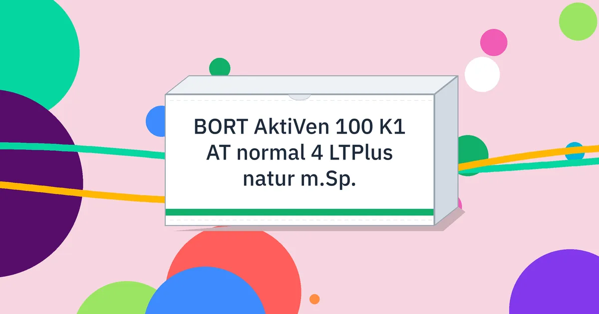 Symbolbild: Packung mit der Aufschrift BORT AktiVen 100 K1 AT normal 4 LTPlus natur m.Sp. (PZN 18175533) – Verfügbarkeit und Bezug in Apotheken in Frankfurt am Main