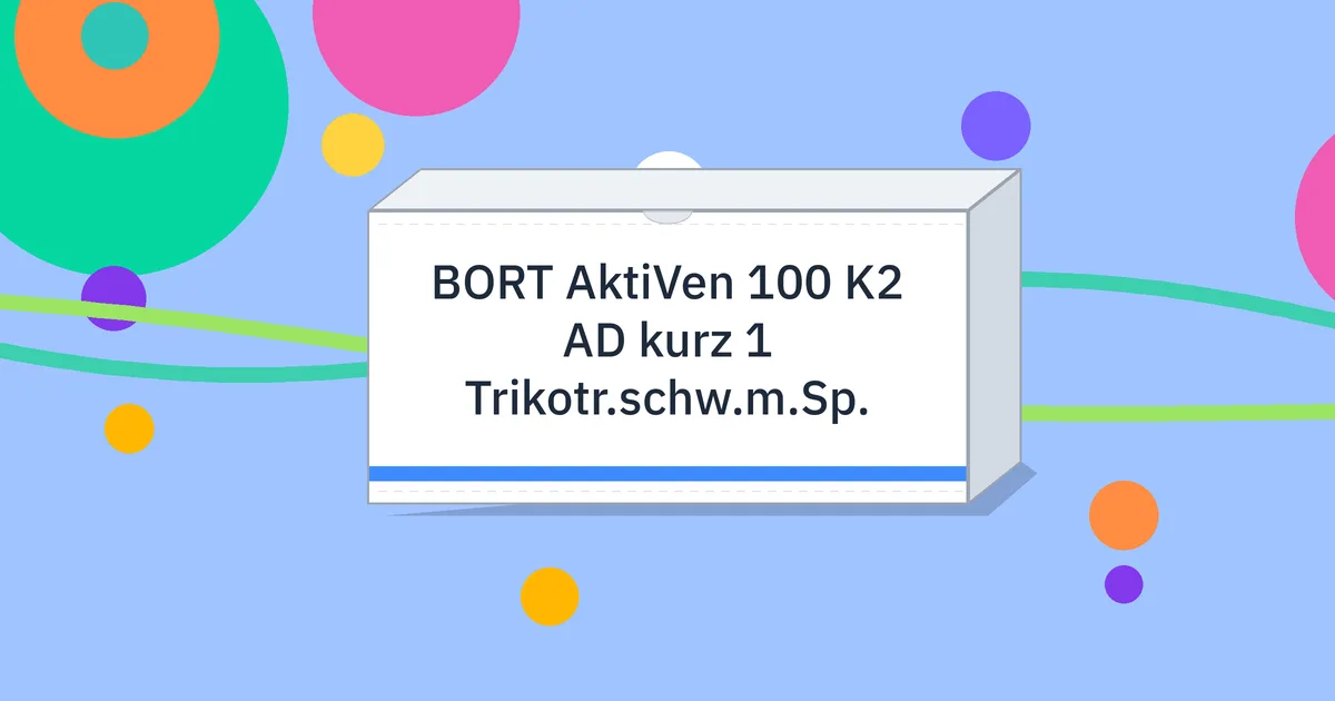 Symbolbild: Packung mit der Aufschrift BORT AktiVen 100 K2 AD kurz 1 Trikotr.schw.m.Sp. (PZN 14386782) – Verfügbarkeit und Bezug in Apotheken in Frankfurt am Main