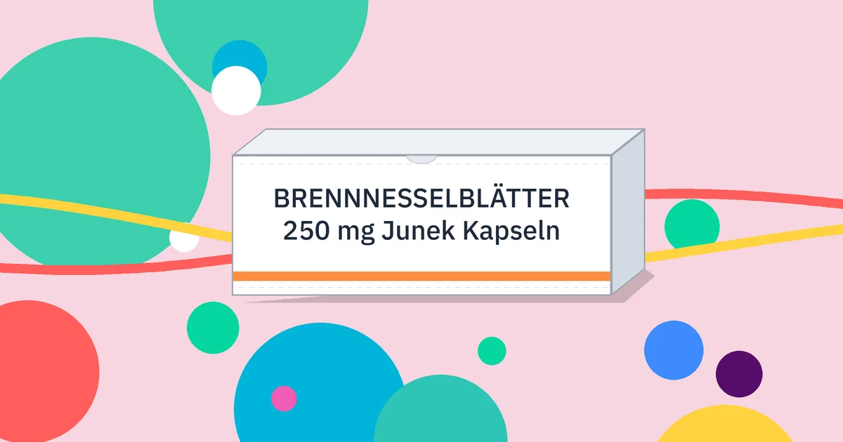 Symbolbild: Packung mit der Aufschrift BRENNNESSELBLÄTTER 250 mg Junek Kapseln (PZN 10396855) – Verfügbarkeit und Bezug in Apotheken in Frankfurt am Main