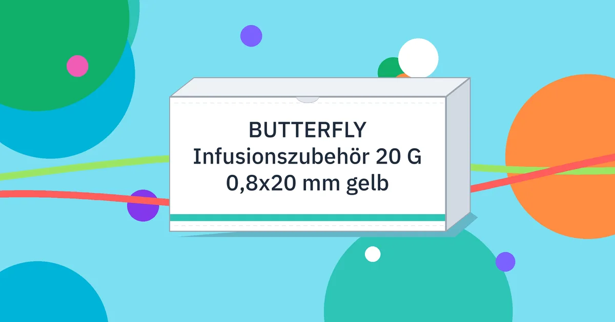 Symbolbild: Packung mit der Aufschrift BUTTERFLY Infusionszubehör 20 G 0,8x20 mm gelb (PZN 17848585) – Verfügbarkeit und Bezug in Apotheken in Frankfurt am Main