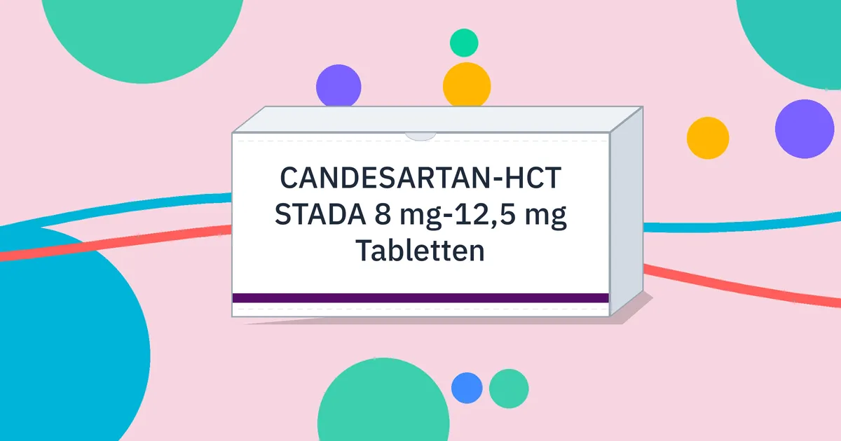 Symbolbild: Packung mit der Aufschrift CANDESARTAN-HCT STADA 8 mg-12,5 mg Tabletten (PZN 09444419) – Verfügbarkeit und Bezug in Apotheken in Frankfurt am Main