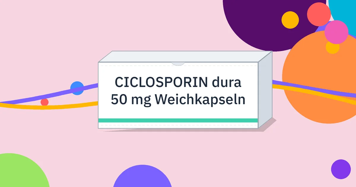 Symbolbild: Packung mit der Aufschrift CICLOSPORIN dura 50 mg Weichkapseln (PZN 19054688) – Verfügbarkeit und Bezug in Apotheken in Frankfurt am Main