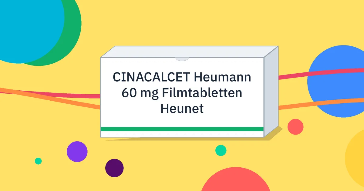 Symbolbild: Packung mit der Aufschrift CINACALCET Heumann 60 mg Filmtabletten Heunet (PZN 18265578) – Verfügbarkeit und Bezug in Apotheken in Frankfurt am Main
