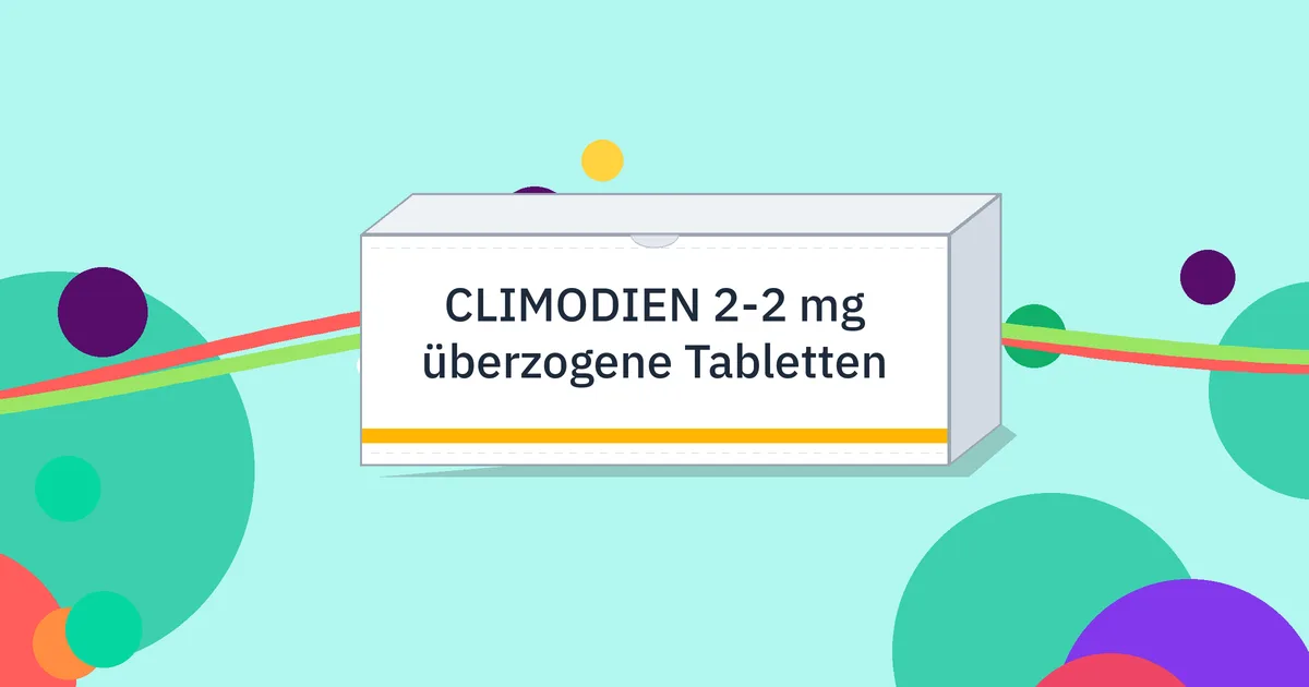 Symbolbild: Packung mit der Aufschrift CLIMODIEN 2-2 mg überzogene Tabletten (PZN 08446646) – Verfügbarkeit und Bezug in Apotheken in Frankfurt am Main