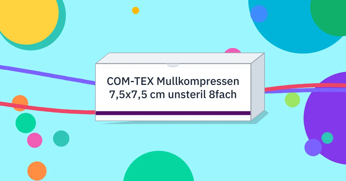 Symbolbild: Packung mit der Aufschrift COM-TEX Mullkompressen 7,5x7,5 cm unsteril 8fach (PZN 17150867) – Verfügbarkeit und Bezug in Apotheken in Frankfurt am Main