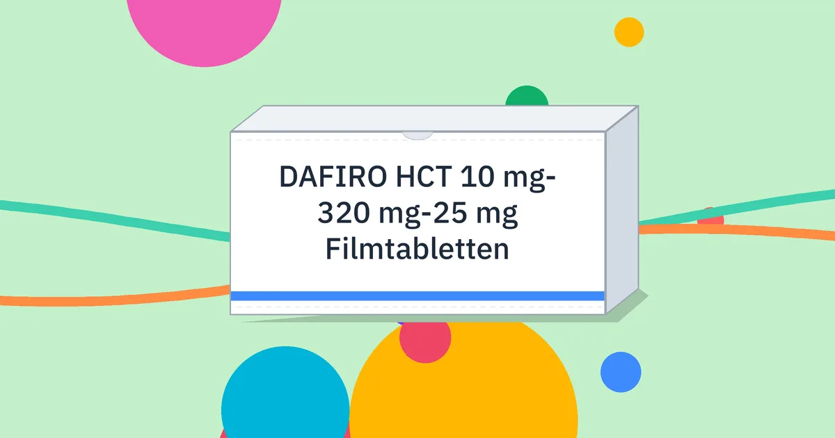 Symbolbild: Packung mit der Aufschrift DAFIRO HCT 10 mg-320 mg-25 mg Filmtabletten (PZN 16605165) – Verfügbarkeit und Bezug in Apotheken in Frankfurt am Main