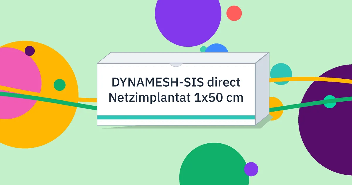 Symbolbild: Packung mit der Aufschrift DYNAMESH-SIS direct Netzimplantat 1x50 cm (PZN 19389957) – Verfügbarkeit und Bezug in Apotheken in Frankfurt am Main