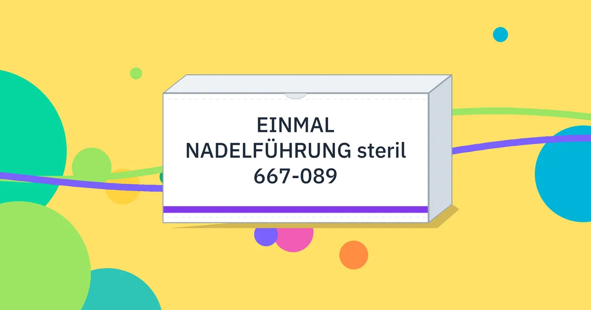Symbolbild: Packung mit der Aufschrift EINMAL NADELFÜHRUNG steril 667-089 (PZN 16258491) – Verfügbarkeit und Bezug in Apotheken in Frankfurt am Main