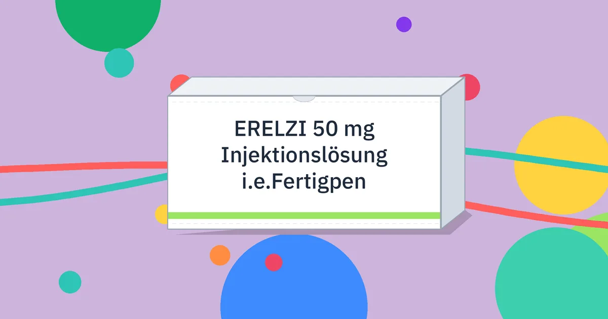 Symbolbild: Packung mit der Aufschrift ERELZI 50 mg Injektionslösung i.e.Fertigpen (PZN 15200147) – Verfügbarkeit und Bezug in Apotheken in Frankfurt am Main