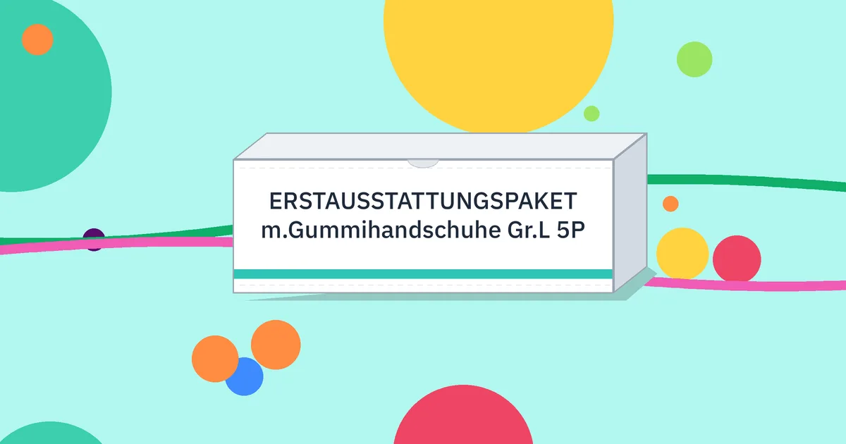Symbolbild: Packung mit der Aufschrift ERSTAUSSTATTUNGSPAKET m.Gummihandschuhe Gr.L 5P (PZN 19628557) – Verfügbarkeit und Bezug in Apotheken in Frankfurt am Main