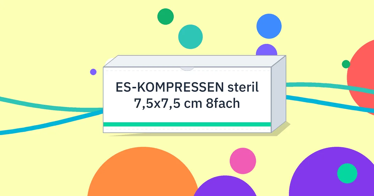 Symbolbild: Packung mit der Aufschrift ES-KOMPRESSEN steril 7,5x7,5 cm 8fach (PZN 16205193) – Verfügbarkeit und Bezug in Apotheken in Frankfurt am Main