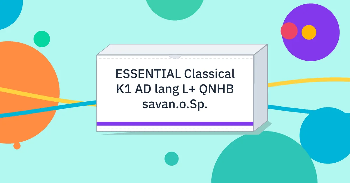 Symbolbild: Packung mit der Aufschrift ESSENTIAL Classical K1 AD lang L+ QNHB savan.o.Sp. (PZN 18866645) – Verfügbarkeit und Bezug in Apotheken in Frankfurt am Main