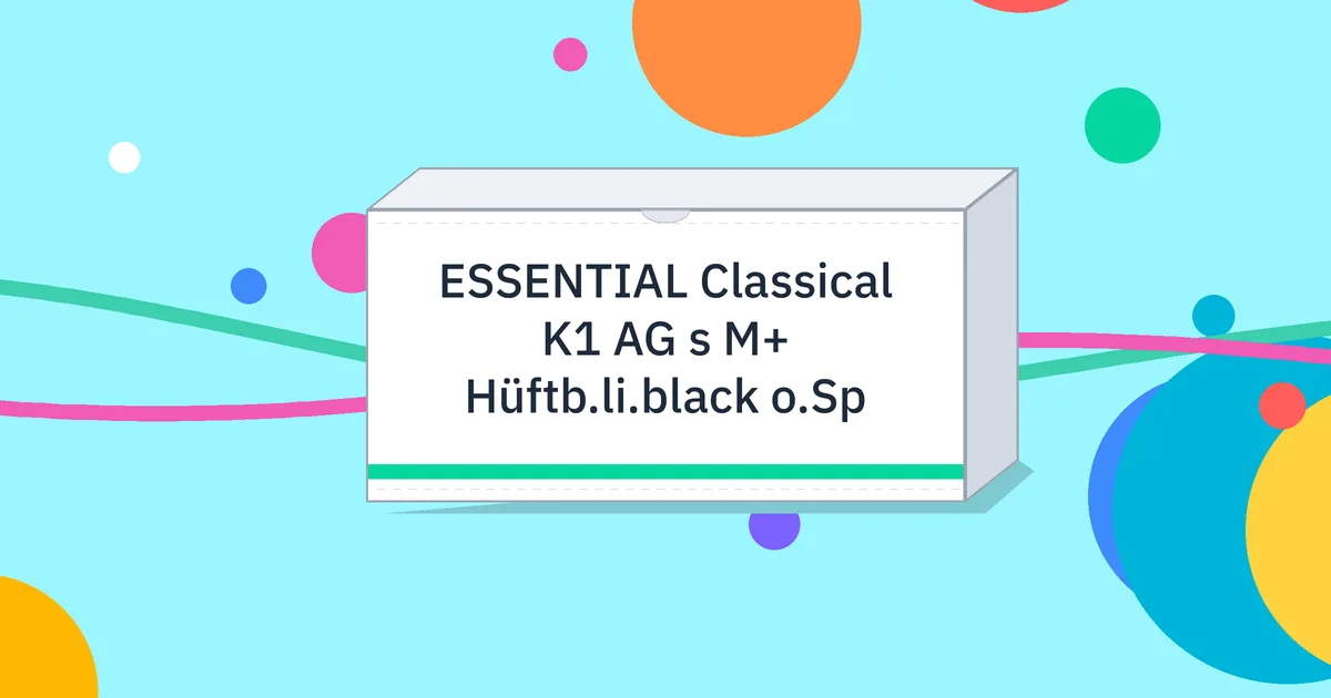 Symbolbild: Packung mit der Aufschrift ESSENTIAL Classical K1 AG s M+ Hüftb.li.black o.Sp (PZN 17013202) – Verfügbarkeit und Bezug in Apotheken in Frankfurt am Main
