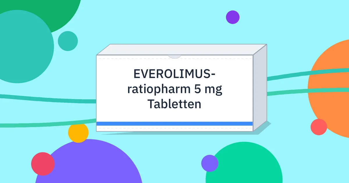 Symbolbild: Packung mit der Aufschrift EVEROLIMUS-ratiopharm 5 mg Tabletten (PZN 13350606) – Verfügbarkeit und Bezug in Apotheken in Frankfurt am Main