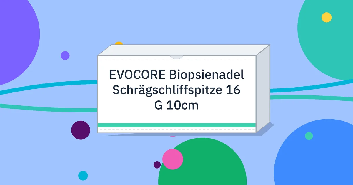 Symbolbild: Packung mit der Aufschrift EVOCORE Biopsienadel Schrägschliffspitze 16 G 10cm (PZN 11655218) – Verfügbarkeit und Bezug in Apotheken in Frankfurt am Main
