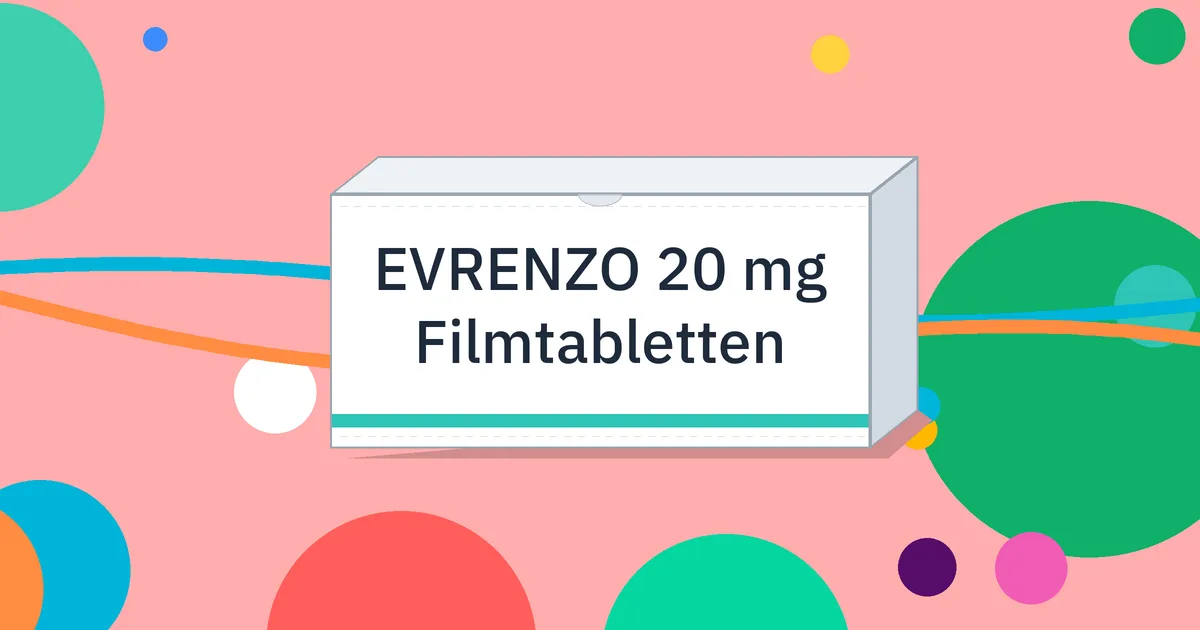 Symbolbild: Packung mit der Aufschrift EVRENZO 20 mg Filmtabletten (PZN 18496183) – Verfügbarkeit und Bezug in Apotheken in Frankfurt am Main