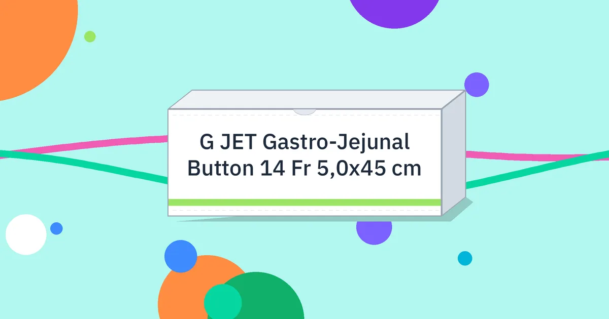 Symbolbild: Packung mit der Aufschrift G JET Gastro-Jejunal Button 14 Fr 5,0x45 cm (PZN 14346647) – Verfügbarkeit und Bezug in Apotheken in Frankfurt am Main