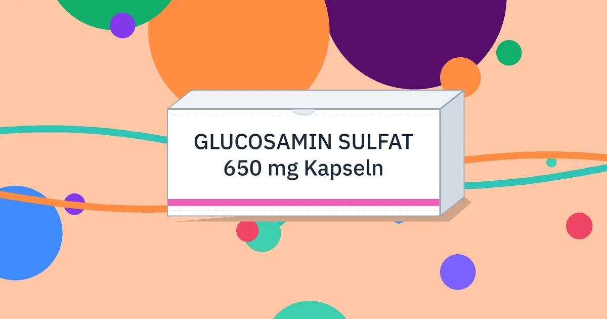 Symbolbild: Packung mit der Aufschrift GLUCOSAMIN SULFAT 650 mg Kapseln (PZN 18803780) – Verfügbarkeit und Bezug in Apotheken in Frankfurt am Main