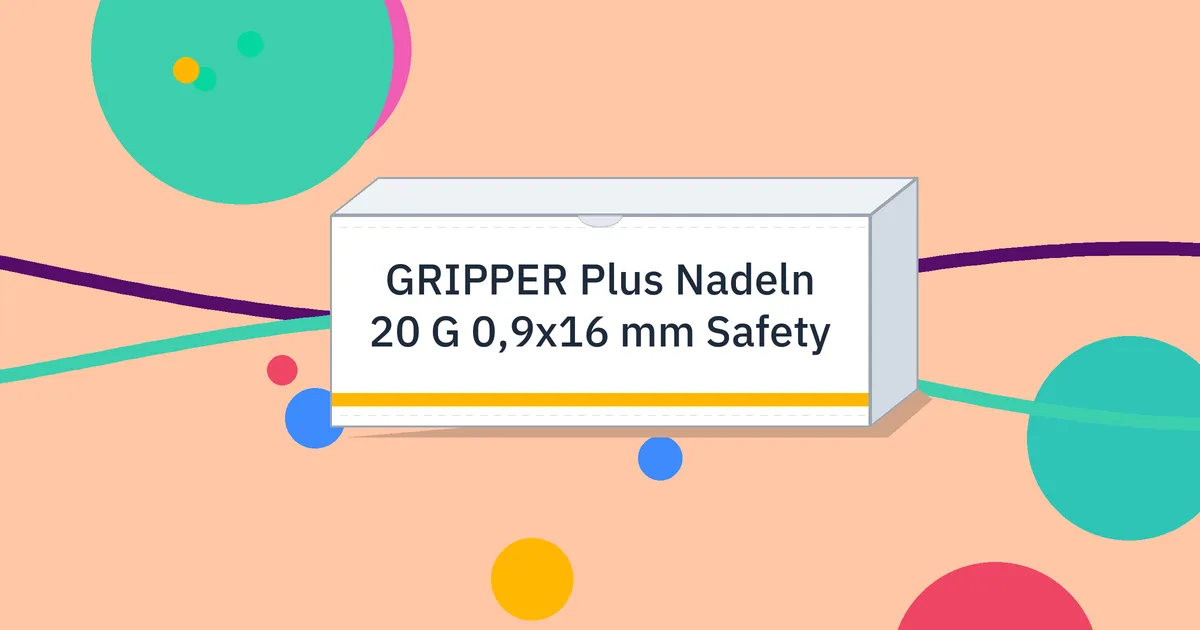 Symbolbild: Packung mit der Aufschrift GRIPPER Plus Nadeln 20 G 0,9x16 mm Safety (PZN 14287229) – Verfügbarkeit und Bezug in Apotheken in Frankfurt am Main