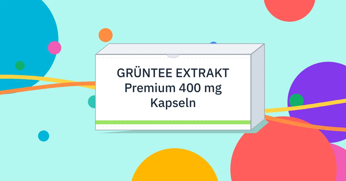 Symbolbild: Packung mit der Aufschrift GRÜNTEE EXTRAKT Premium 400 mg Kapseln (PZN 10007836) – Verfügbarkeit und Bezug in Apotheken in Frankfurt am Main