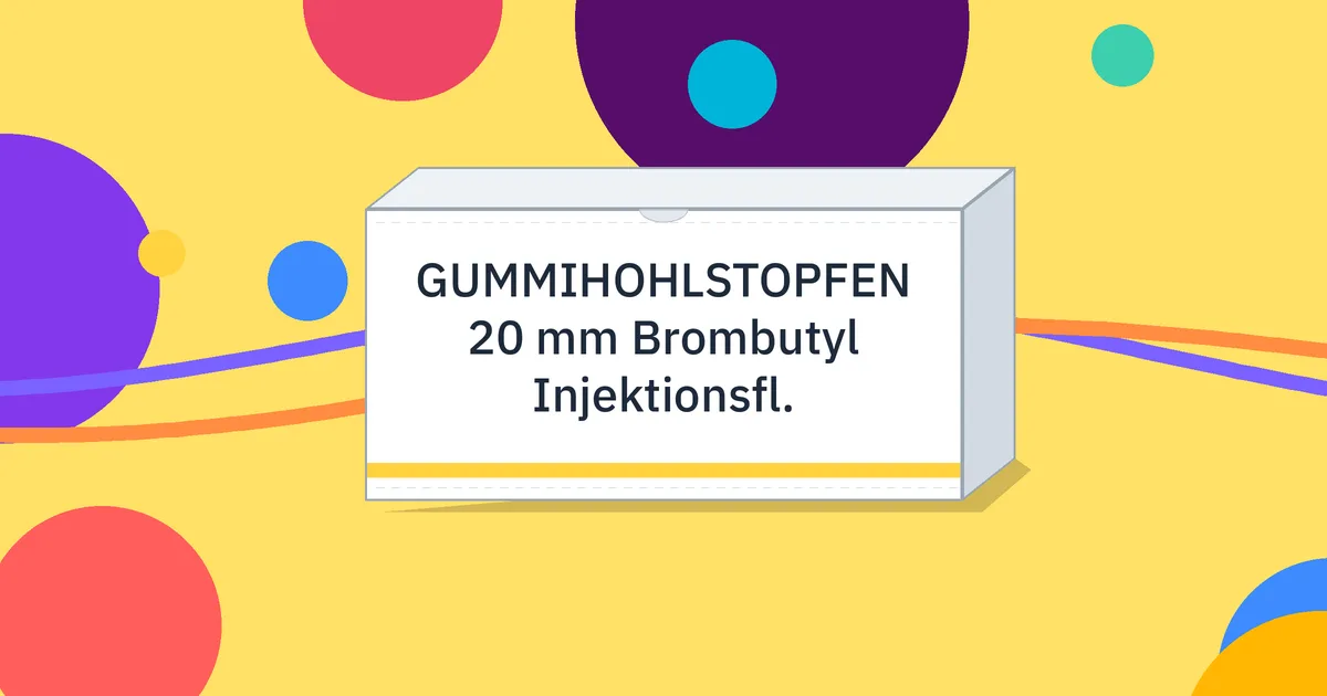 Symbolbild: Packung mit der Aufschrift GUMMIHOHLSTOPFEN 20 mm Brombutyl Injektionsfl. (PZN 18111332) – Verfügbarkeit und Bezug in Apotheken in Frankfurt am Main