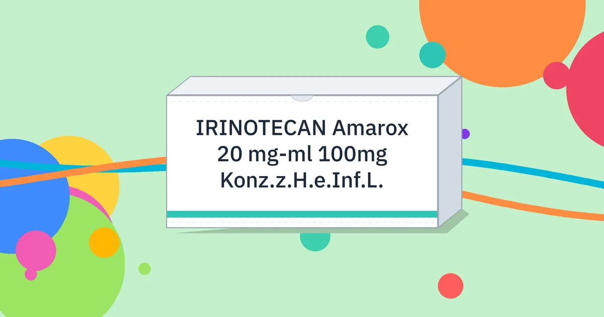 Symbolbild: Packung mit der Aufschrift IRINOTECAN Amarox 20 mg-ml 100mg Konz.z.H.e.Inf.L. (PZN 19078163) – Verfügbarkeit und Bezug in Apotheken in Frankfurt am Main