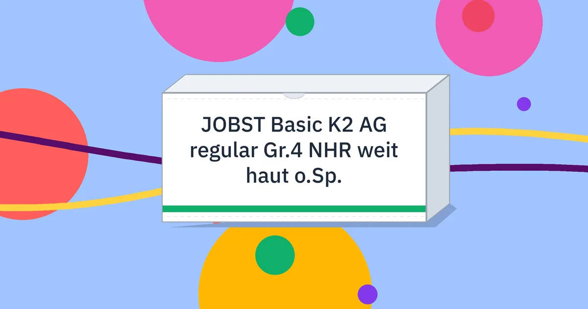 Symbolbild: Packung mit der Aufschrift JOBST Basic K2 AG regular Gr.4 NHR weit haut o.Sp. (PZN 11249599) – Verfügbarkeit und Bezug in Apotheken in Frankfurt am Main