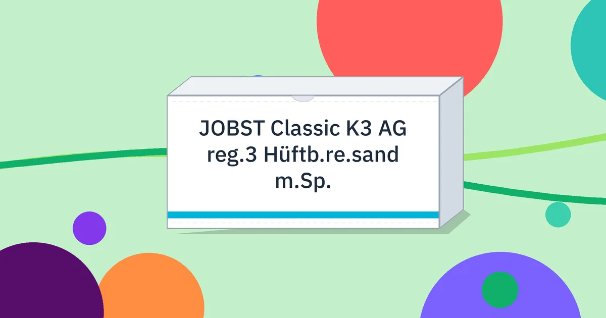 Symbolbild: Packung mit der Aufschrift JOBST Classic K3 AG reg.3 Hüftb.re.sand m.Sp. (PZN 13076312) – Verfügbarkeit und Bezug in Apotheken in Frankfurt am Main