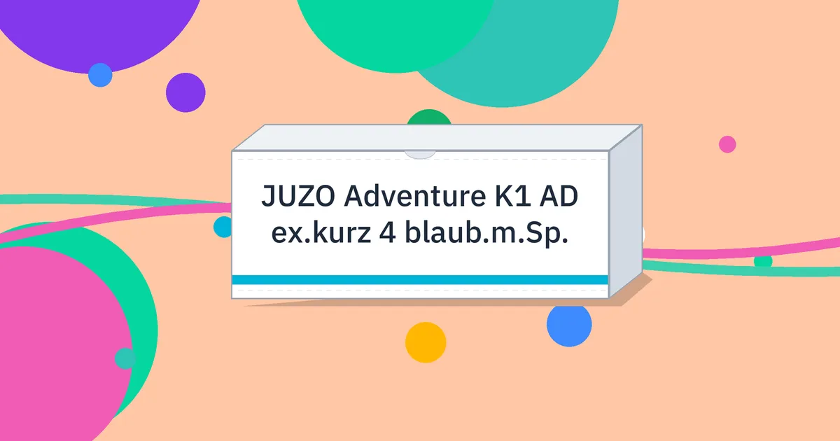 Symbolbild: Packung mit der Aufschrift JUZO Adventure K1 AD ex.kurz 4 blaub.m.Sp. (PZN 16346060) – Verfügbarkeit und Bezug in Apotheken in Frankfurt am Main