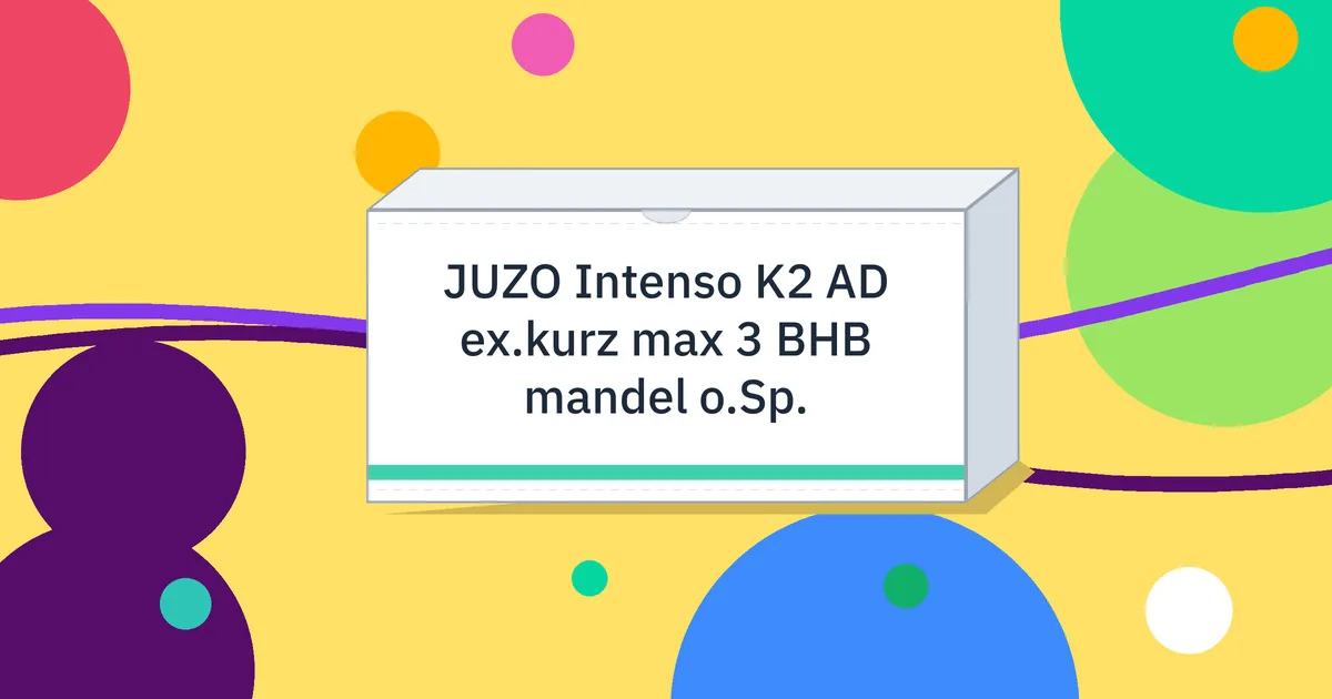 Symbolbild: Packung mit der Aufschrift JUZO Intenso K2 AD ex.kurz max 3 BHB mandel o.Sp. (PZN 18624592) – Verfügbarkeit und Bezug in Apotheken in Frankfurt am Main
