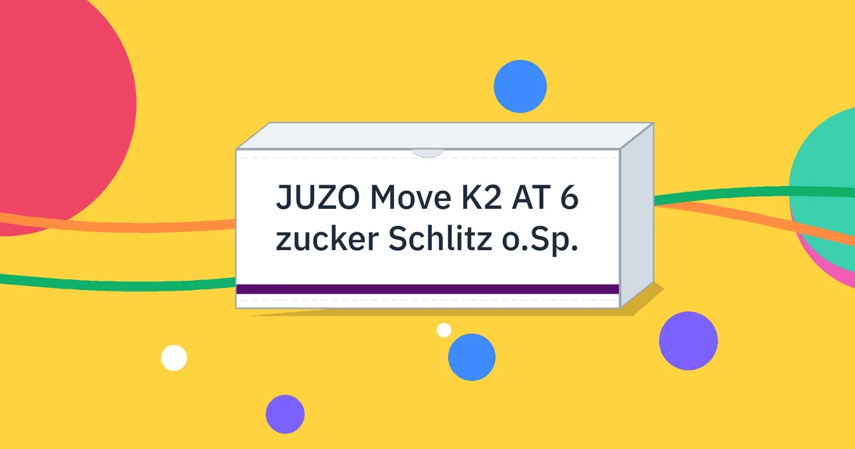 Symbolbild: Packung mit der Aufschrift JUZO Move K2 AT 6 zucker Schlitz o.Sp. (PZN 20670033) – Verfügbarkeit und Bezug in Apotheken in Frankfurt am Main