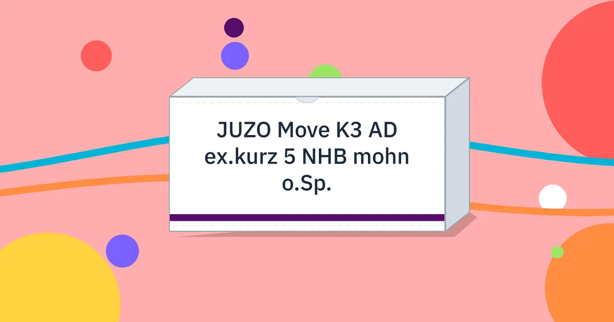 Symbolbild: Packung mit der Aufschrift JUZO Move K3 AD ex.kurz 5 NHB mohn o.Sp. (PZN 18574109) – Verfügbarkeit und Bezug in Apotheken in Frankfurt am Main