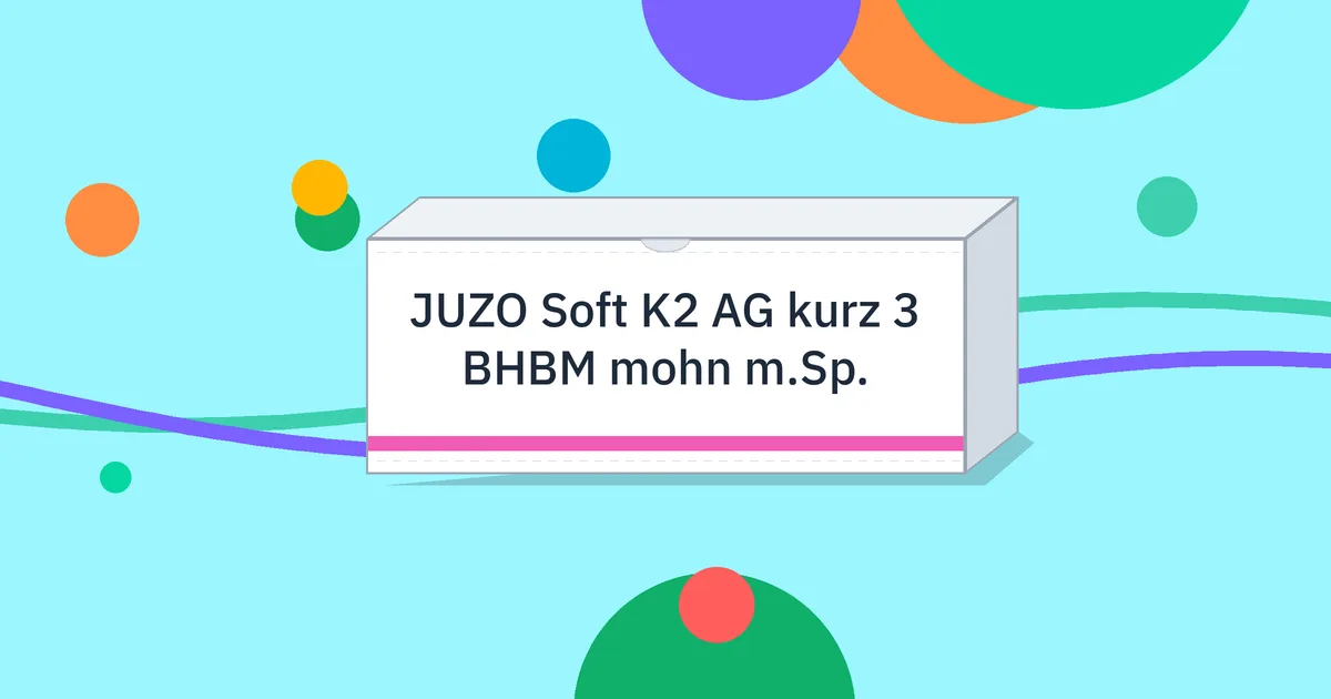 Symbolbild: Packung mit der Aufschrift JUZO Soft K2 AG kurz 3 BHBM mohn m.Sp. (PZN 14859849) – Verfügbarkeit und Bezug in Apotheken in Frankfurt am Main