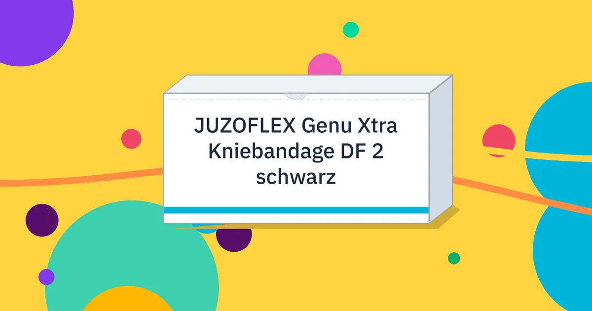Symbolbild: Packung mit der Aufschrift JUZOFLEX Genu Xtra Kniebandage DF 2 schwarz (PZN 16497497) – Verfügbarkeit und Bezug in Apotheken in Frankfurt am Main