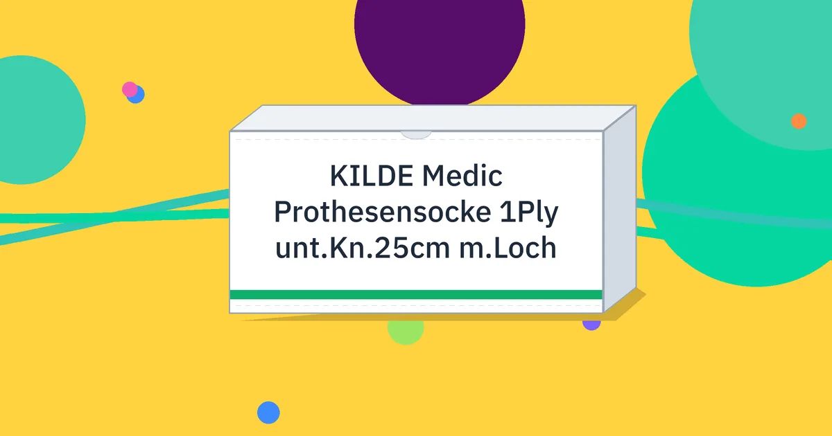 Symbolbild: Packung mit der Aufschrift KILDE Medic Prothesensocke 1Ply unt.Kn.25cm m.Loch (PZN 20823287) – Verfügbarkeit und Bezug in Apotheken in Frankfurt am Main