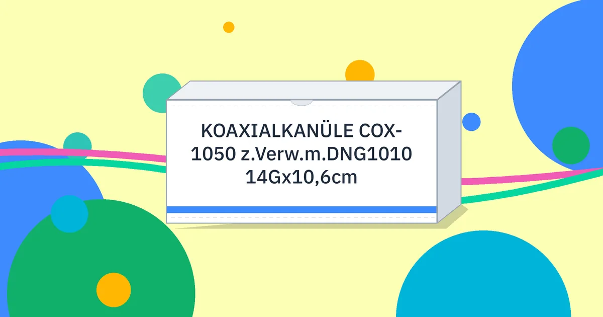 Symbolbild: Packung mit der Aufschrift KOAXIALKANÜLE COX-1050 z.Verw.m.DNG1010 14Gx10,6cm (PZN 00284032) – Verfügbarkeit und Bezug in Apotheken in Frankfurt am Main