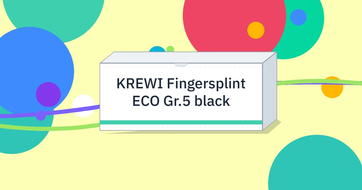 Symbolbild: Packung mit der Aufschrift KREWI Fingersplint ECO Gr.5 black (PZN 20392396) – Verfügbarkeit und Bezug in Apotheken in Frankfurt am Main