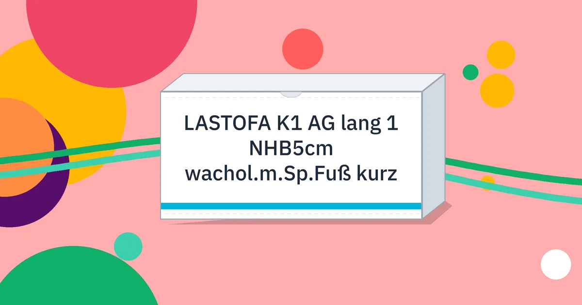 Symbolbild: Packung mit der Aufschrift LASTOFA K1 AG lang 1 NHB5cm wachol.m.Sp.Fuß kurz (PZN 13788840) – Verfügbarkeit und Bezug in Apotheken in Frankfurt am Main