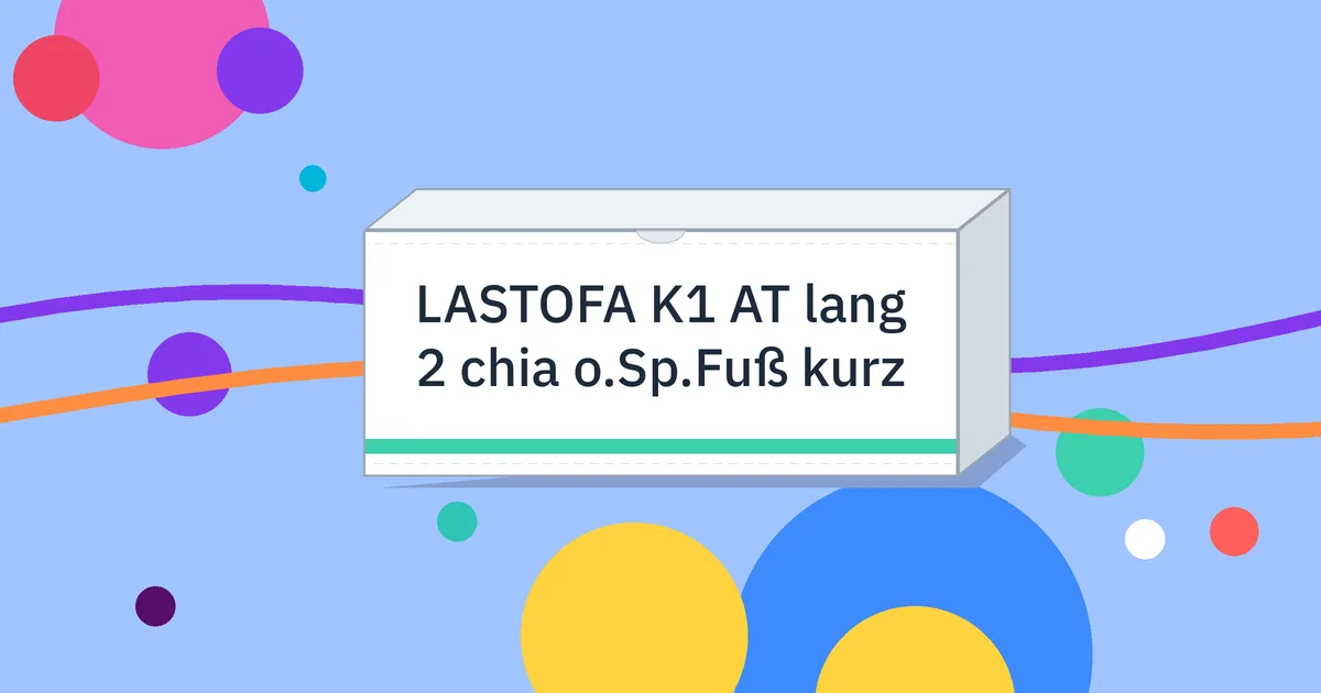 Symbolbild: Packung mit der Aufschrift LASTOFA K1 AT lang 2 chia o.Sp.Fuß kurz (PZN 13795372) – Verfügbarkeit und Bezug in Apotheken in Frankfurt am Main