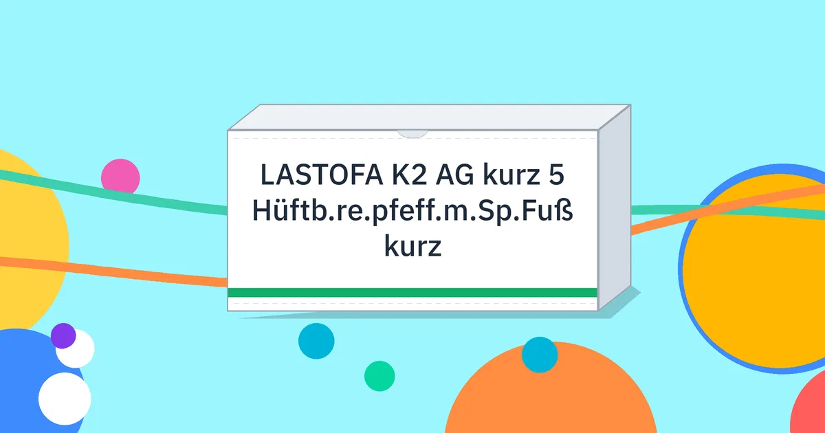 Symbolbild: Packung mit der Aufschrift LASTOFA K2 AG kurz 5 Hüftb.re.pfeff.m.Sp.Fuß kurz (PZN 13812099) – Verfügbarkeit und Bezug in Apotheken in Frankfurt am Main