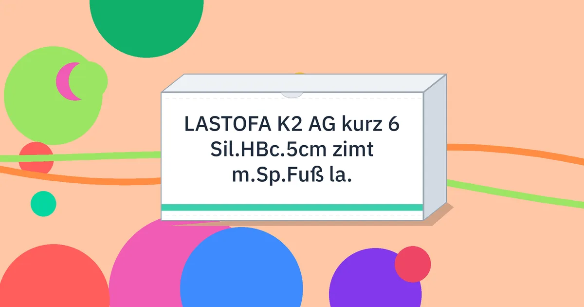 Symbolbild: Packung mit der Aufschrift LASTOFA K2 AG kurz 6 Sil.HBc.5cm zimt m.Sp.Fuß la. (PZN 13807448) – Verfügbarkeit und Bezug in Apotheken in Frankfurt am Main