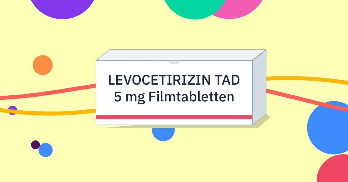Symbolbild: Packung mit der Aufschrift LEVOCETIRIZIN TAD 5 mg Filmtabletten (PZN 09244910) – Verfügbarkeit und Bezug in Apotheken in Frankfurt am Main