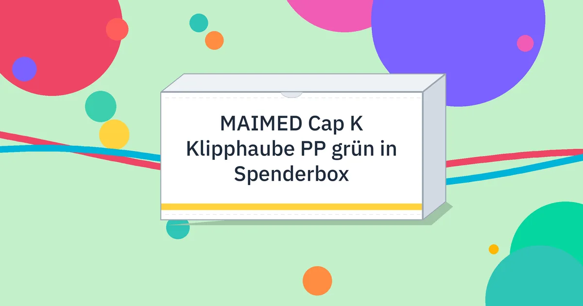 Symbolbild: Packung mit der Aufschrift MAIMED Cap K Klipphaube PP grün in Spenderbox (PZN 06113768) – Verfügbarkeit und Bezug in Apotheken in Frankfurt am Main