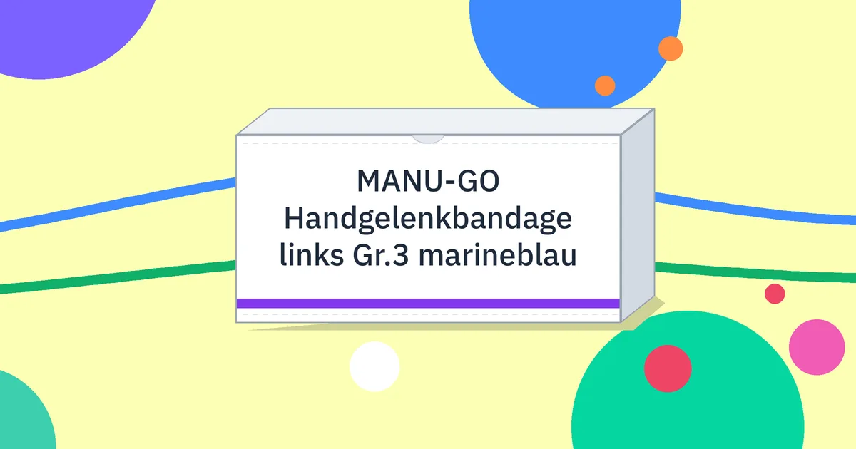 Symbolbild: Packung mit der Aufschrift MANU-GO Handgelenkbandage links Gr.3 marineblau (PZN 19742572) – Verfügbarkeit und Bezug in Apotheken in Frankfurt am Main